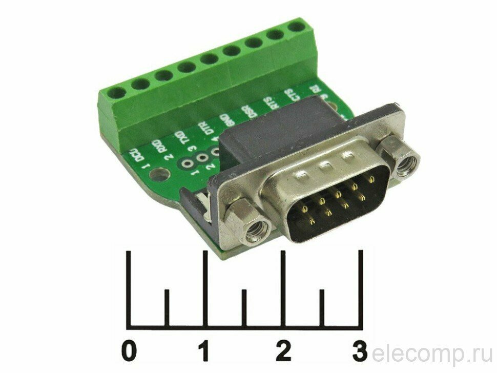 Разъем D-SUB штекер 9pin + клеммник линейный 9pin горизонтальный на плате (903-3)
