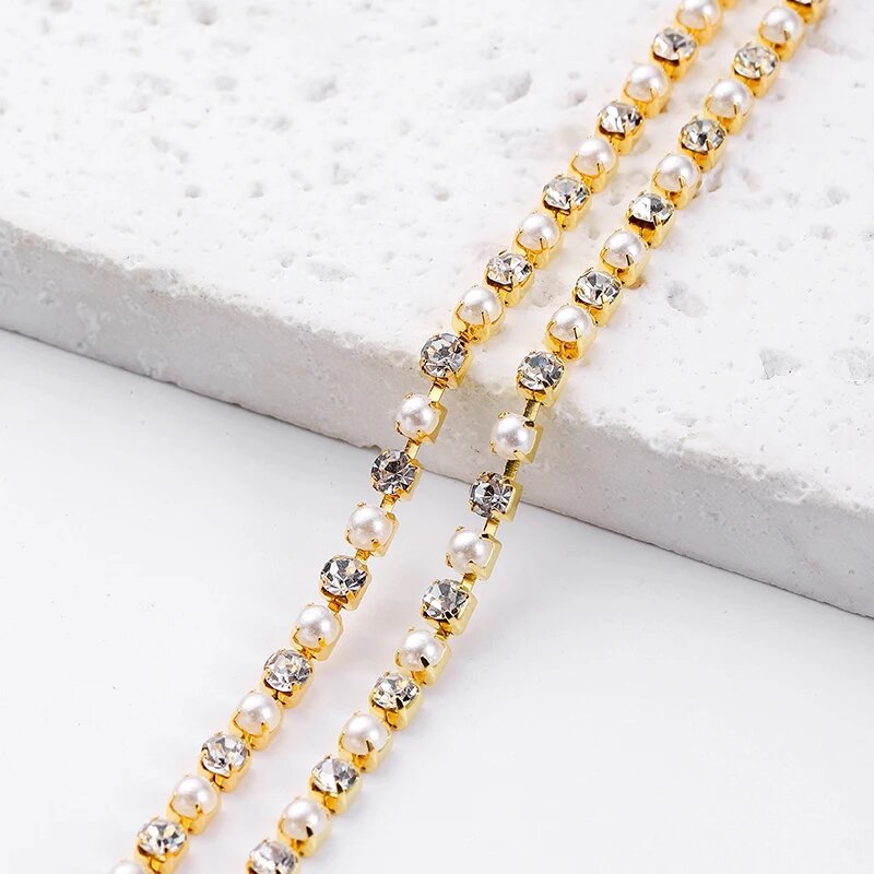 DUCRYSTAL стеклянная стразовая цепочка SS6/SS12 золотая/серебряная 2yards-pack, SS6-2mm, Gold Clear pearl