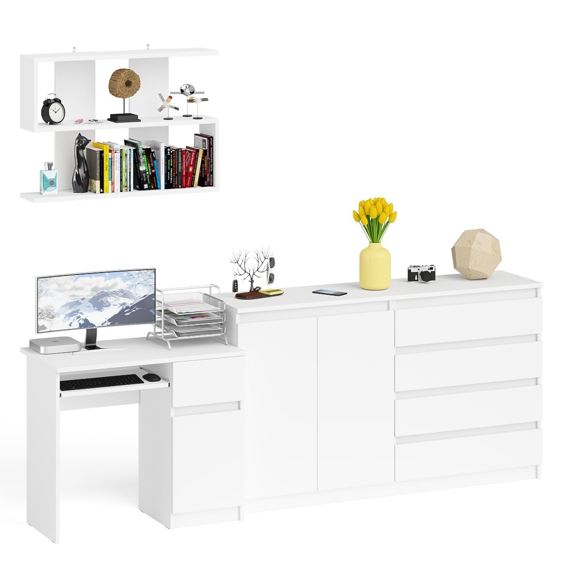 Тумба-комод с дверками и ящиками Моби Мори со столом с тумбой и ящиком справа, цвет белый, 250,4х50х209,6 см.