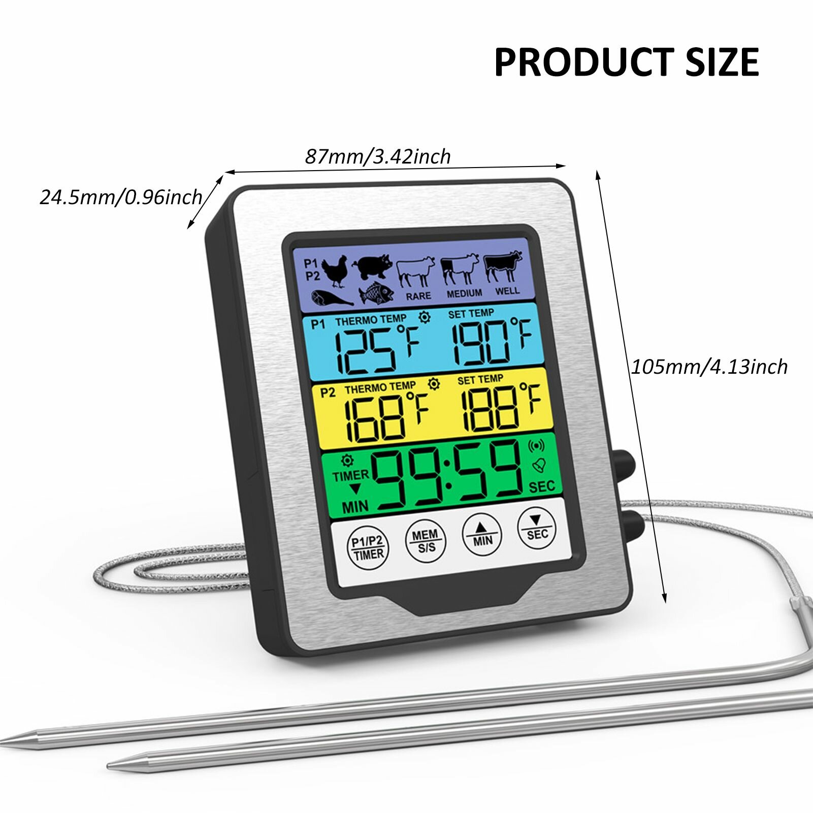 Цифровой термометр для мяса с 2 датчиками, 7 предустановками, таймером, сигналом и подсветкой, для кухни и барбекю