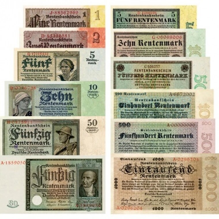 Набор 12 банкнот Германии 1-1000 рентных марок 1923-37, сувенирные копии, банкноты и купюры редкие коллекционные