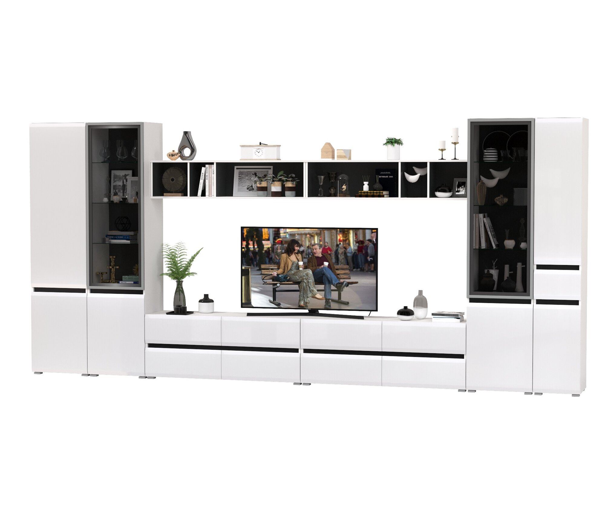 Модульная мебель для гостиной Моби Сидней № 85, цвет белый/чёрный/МДФ белый глянец, 445х41,3х205,2 см.