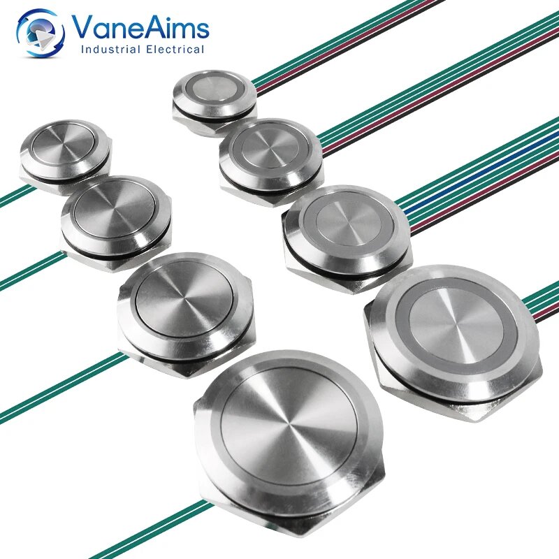 Металлический кнопочный переключатель VaneAims 19MM with wires, Tricolor (RGB), Silver-Momentary, 3-6V