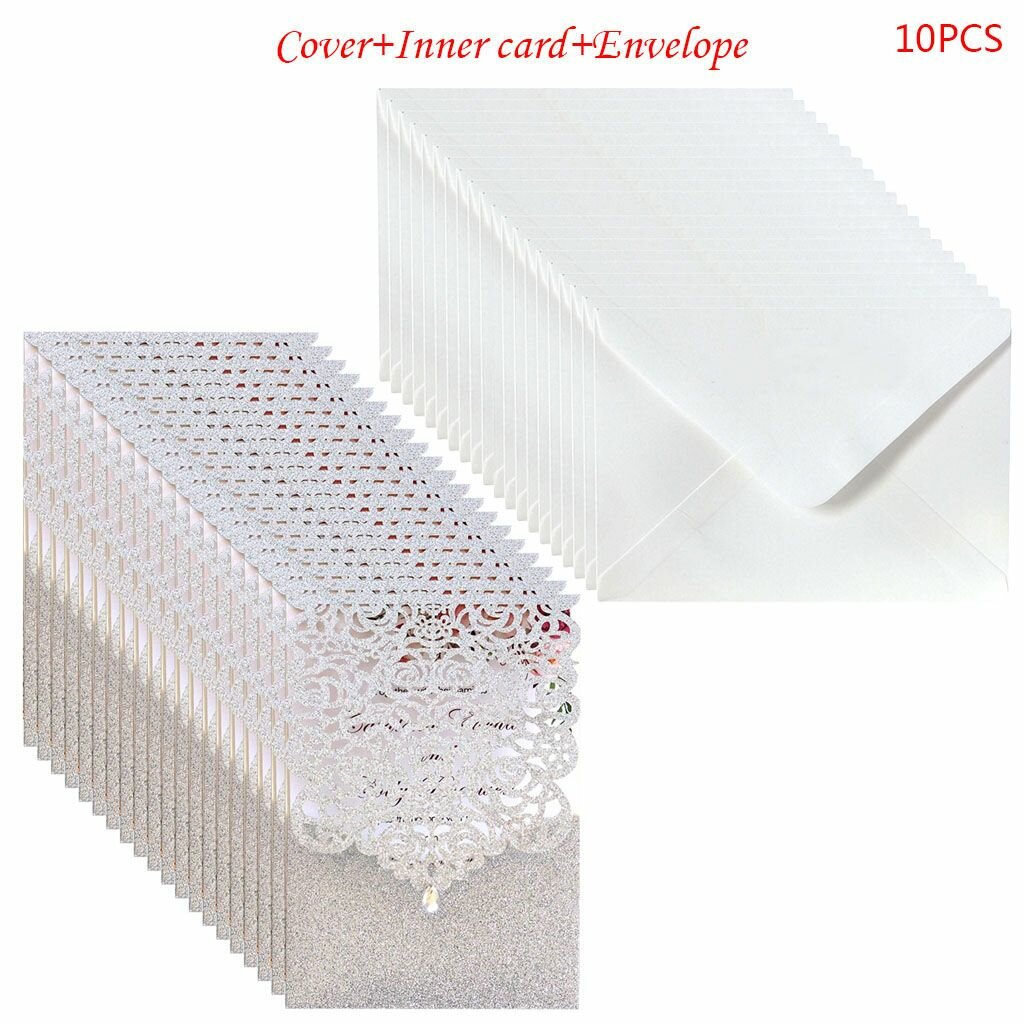 (1 комплект из 10 шт.) праздничные поздравительные открытки-приглашения на свадьбу с блестками - футляр + внутренняя страница конверт блестки серебристые