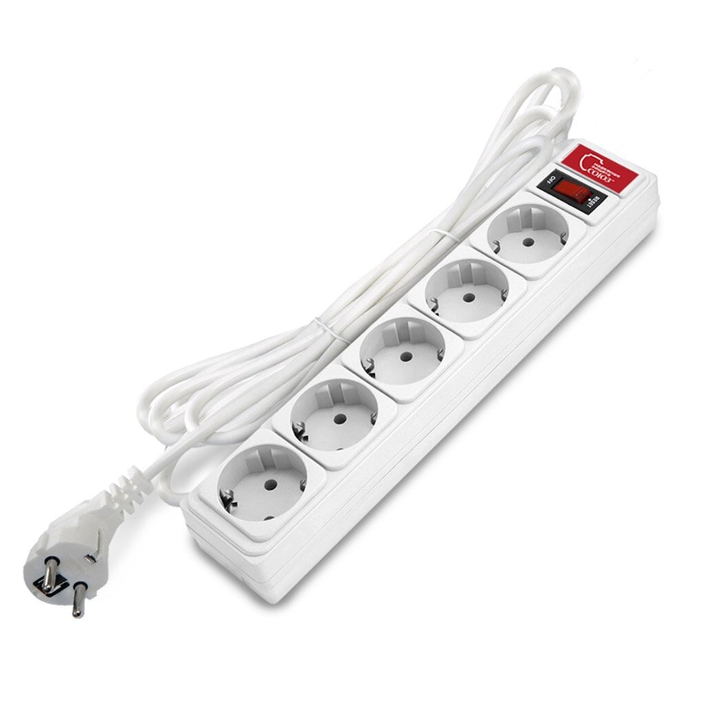 Сетевой фильтр СОЮЗ "Союз" 3 метра, 5 розеток, ПВС, с заземлением, выключатель с индикацией, белый (1325)