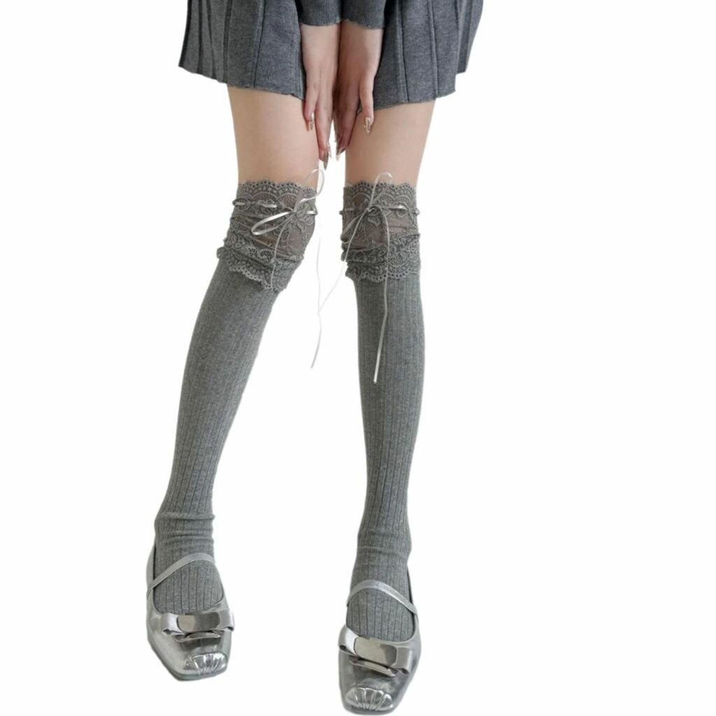 Женские элегантные кружевные гольфы с бантом и бантом, японские студенческие в рубчик, полосатые эластичные чулки до бедра