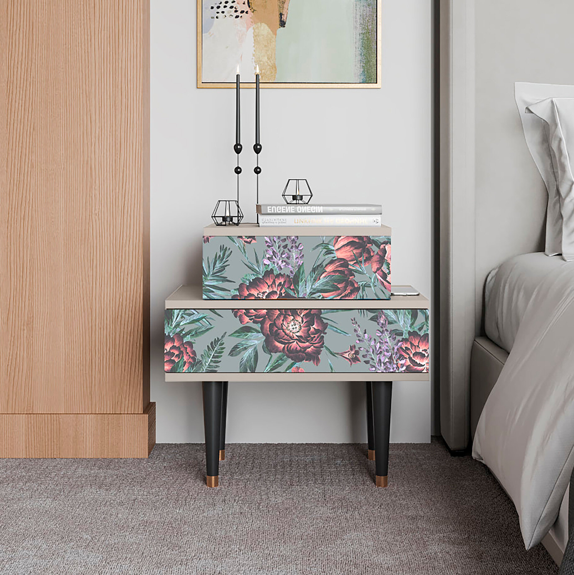 Прикроватная тумба - STORYZ - NS1 Light Peonies, Размер - 58 x 58 x 41 см, Цвет корпуса - , Сатин