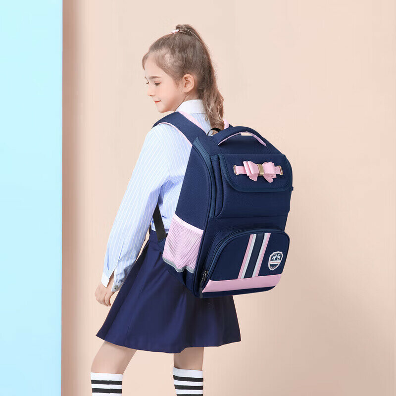 V.NINE Schoolbag for Primary School Boys And Girls, Spine-Protecting And Load-Reducing Children's Backpack for Grades 1-3 Butterfly Bow Double Shoulder Schoolbag Large Capacity Lightweight Children's School Bag Blue with Pink