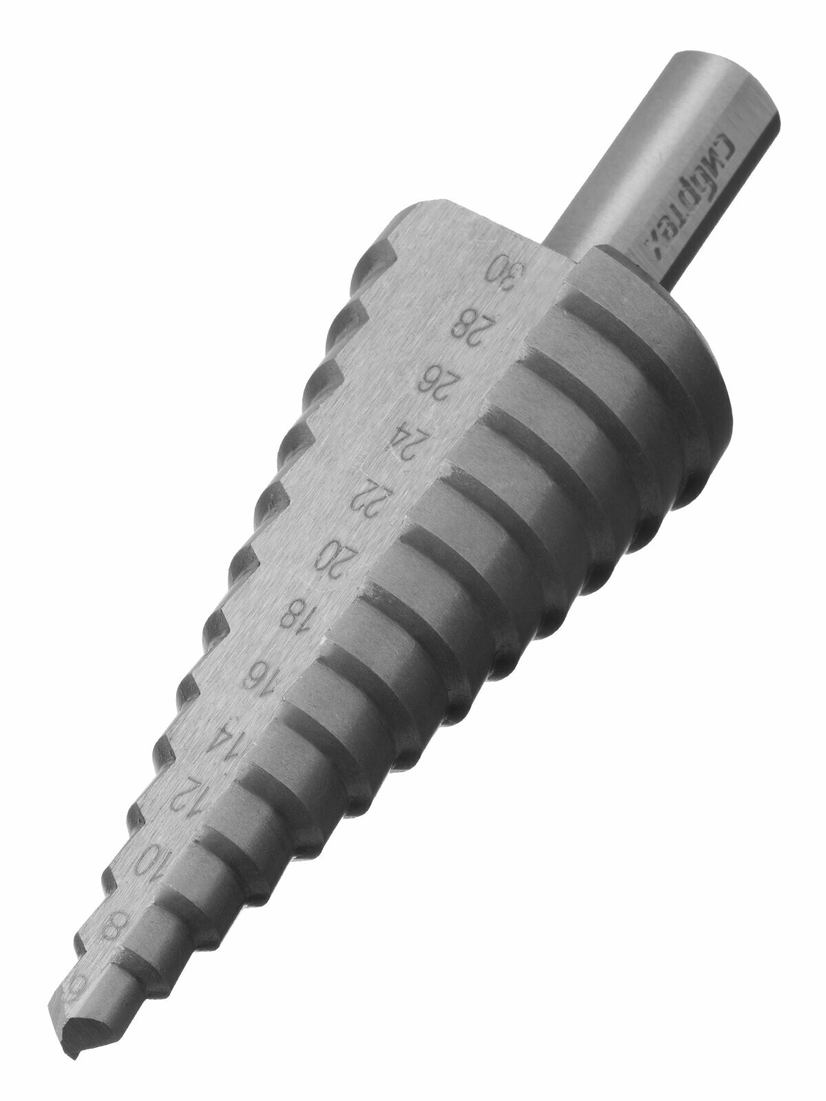 Сверло ступенчатое по металлу Сибртех, 6, 8, 10, 12, 14, 16, 18, 20, 22, 24, 26, 28, 30 мм, 3-гр. хв, сталь HSS, 723013