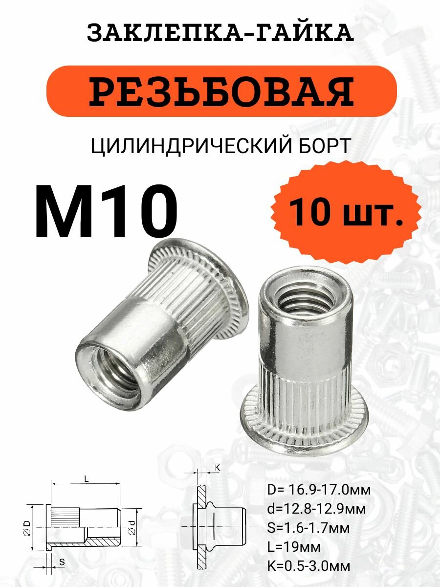 Заклепка резьбовая (Заклепка-гайка) М10 с цилиндрическим бортиком, цинк, 10 шт.