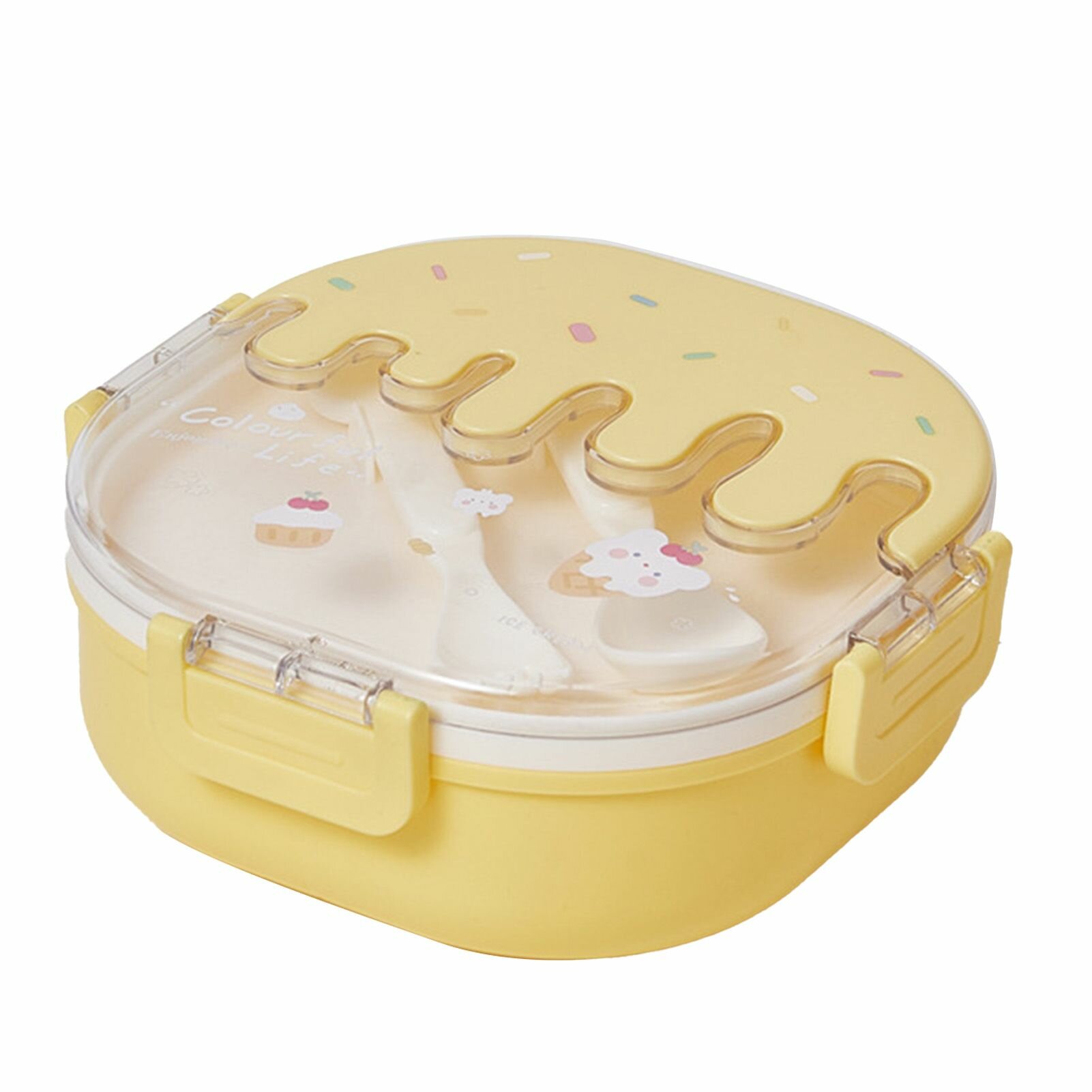 Ланч-бокс Bento для детей и взрослых, 3 отделения, пластиковые милые контейнеры для закусок для мороженого с вилкой и ложкой для школьной работы, путешествий, желтый цвет
