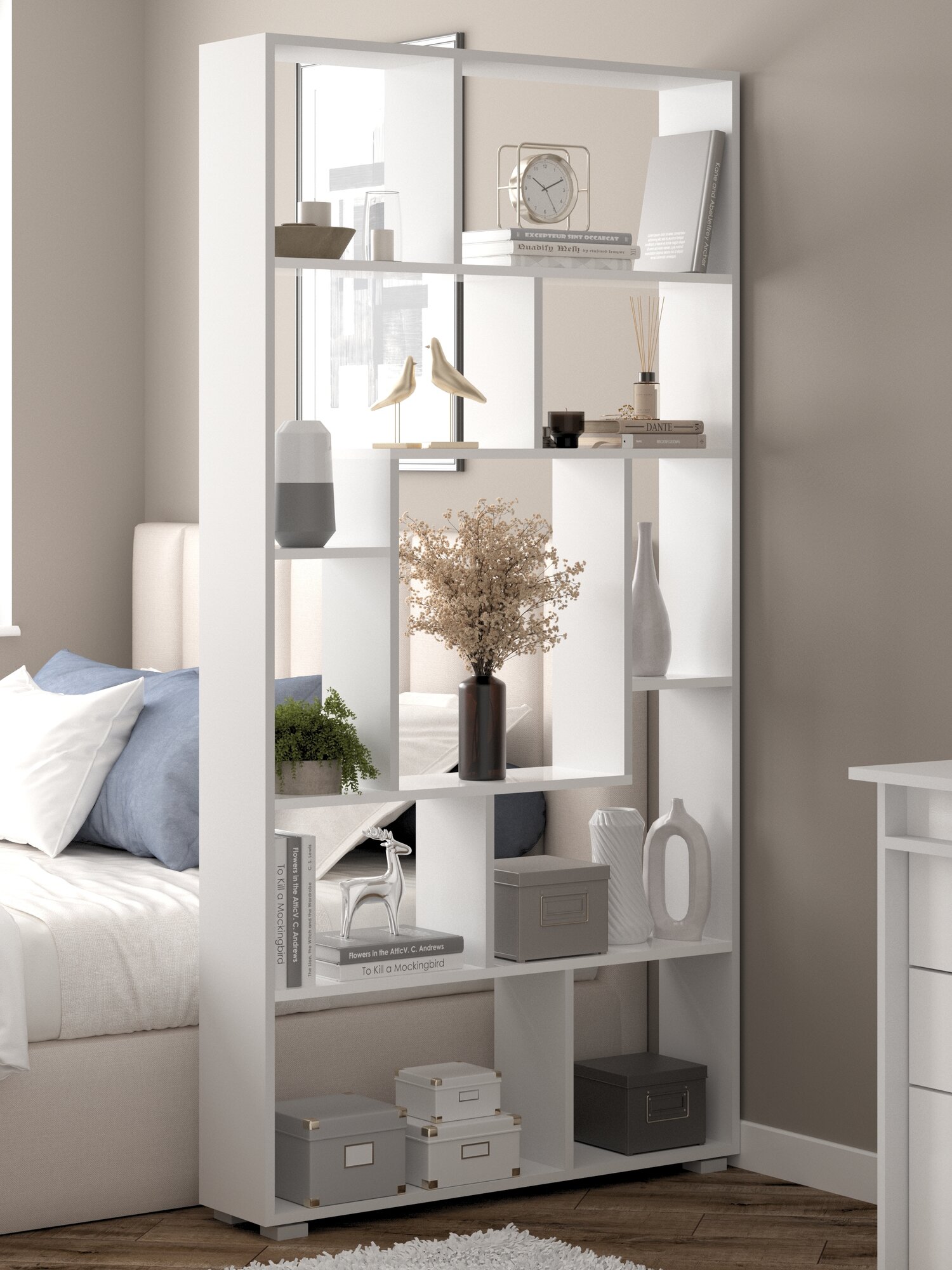 Есэндвич Лаворо-3 Стеллаж-перегородка 90х180х20 см (Белый/Белый глянец) с полками