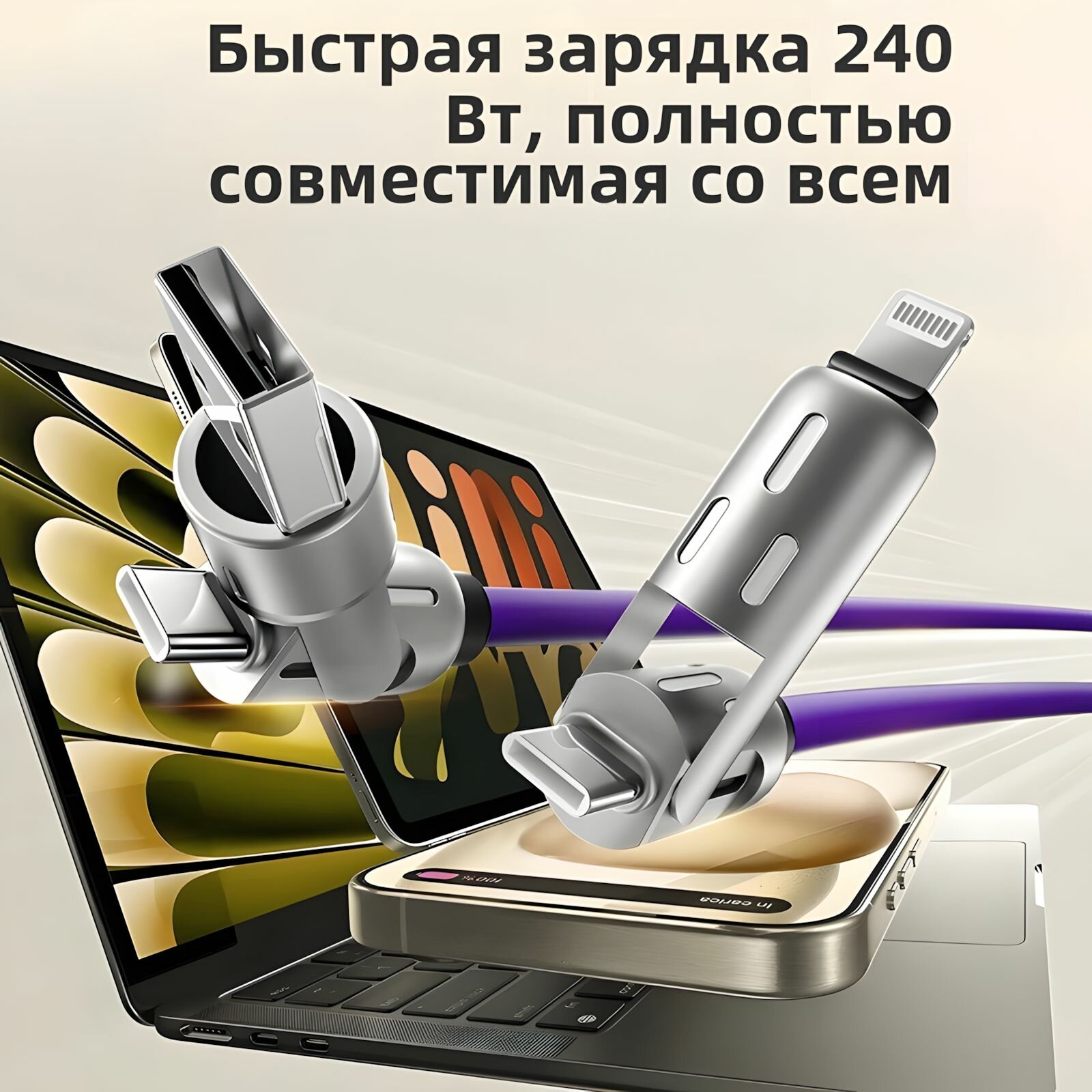 Универсальный зарядный кабель, Сверхбыстрая зарядка, Четыре в одном, Type-C/USB-A/Lightning, ios, Android