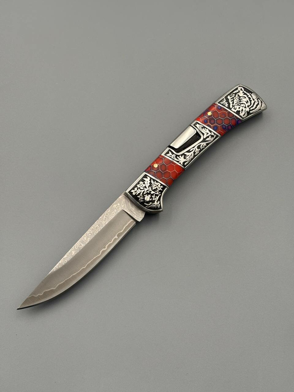 Нож складной Дамаск красный универсальный , туристический походный.