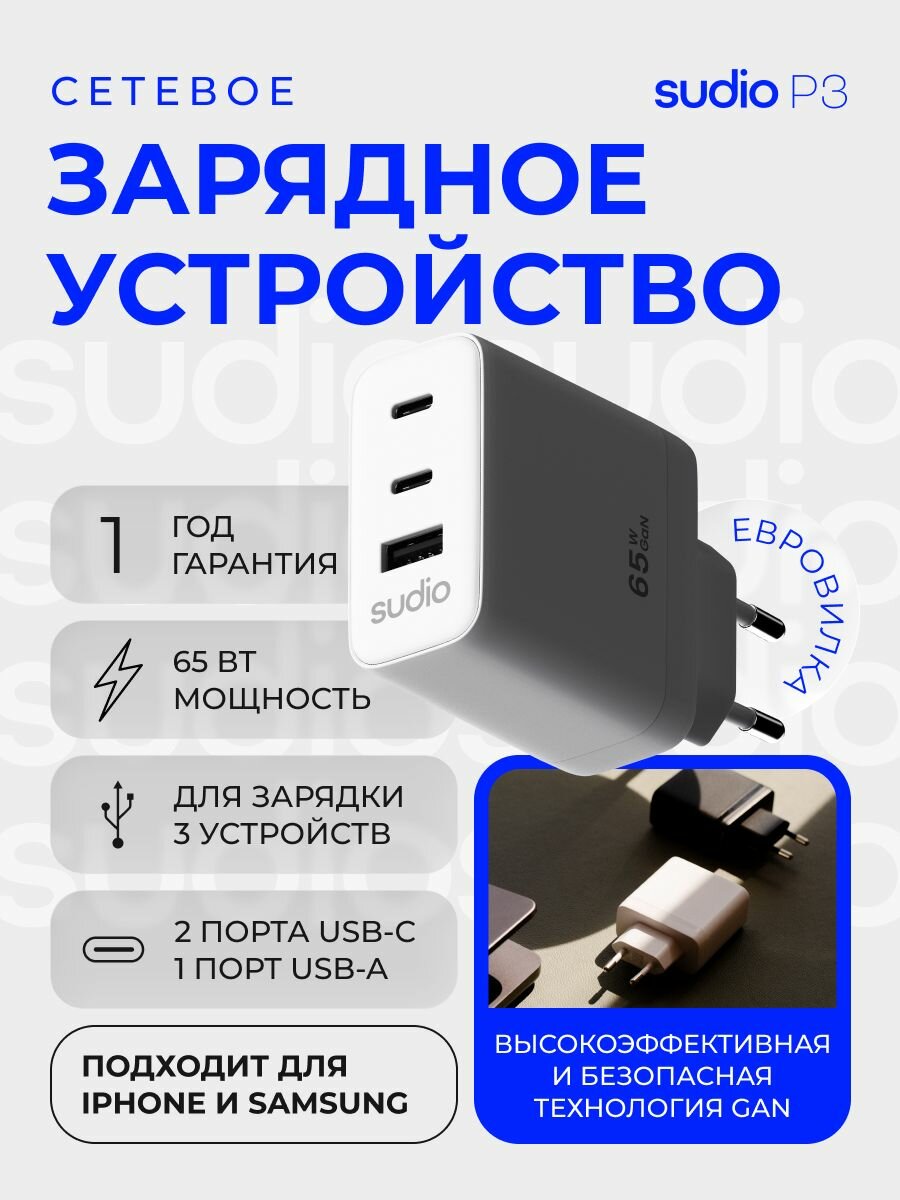 Сетевое зарядное устройство Sudio P3 2*USB-C&1*USB-A 65W Charger EU. Цвет: белый