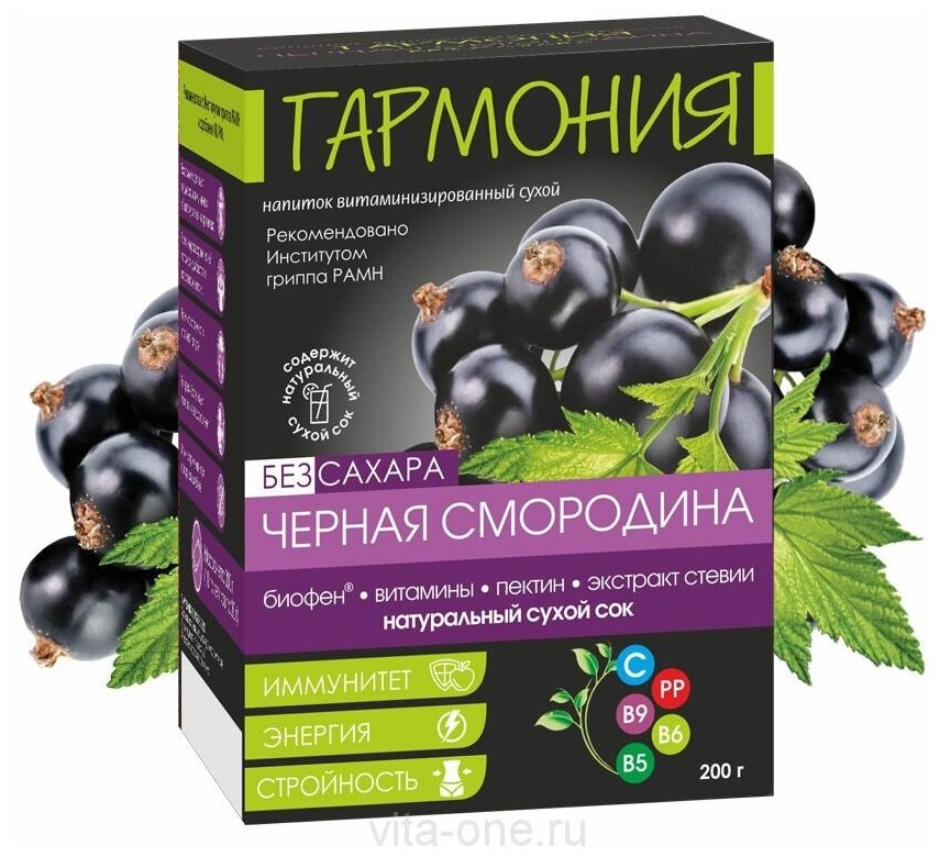 Напиток быстрорастворимый сухой с Биофеном Гармония Черная смородина без сахара в пакетиках 200 гр