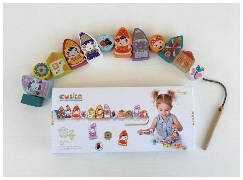 CUBIKA. Шнуровка "Веселые гномы" 12 деталей, дерево, развивающая, для детей от 1,5 лет