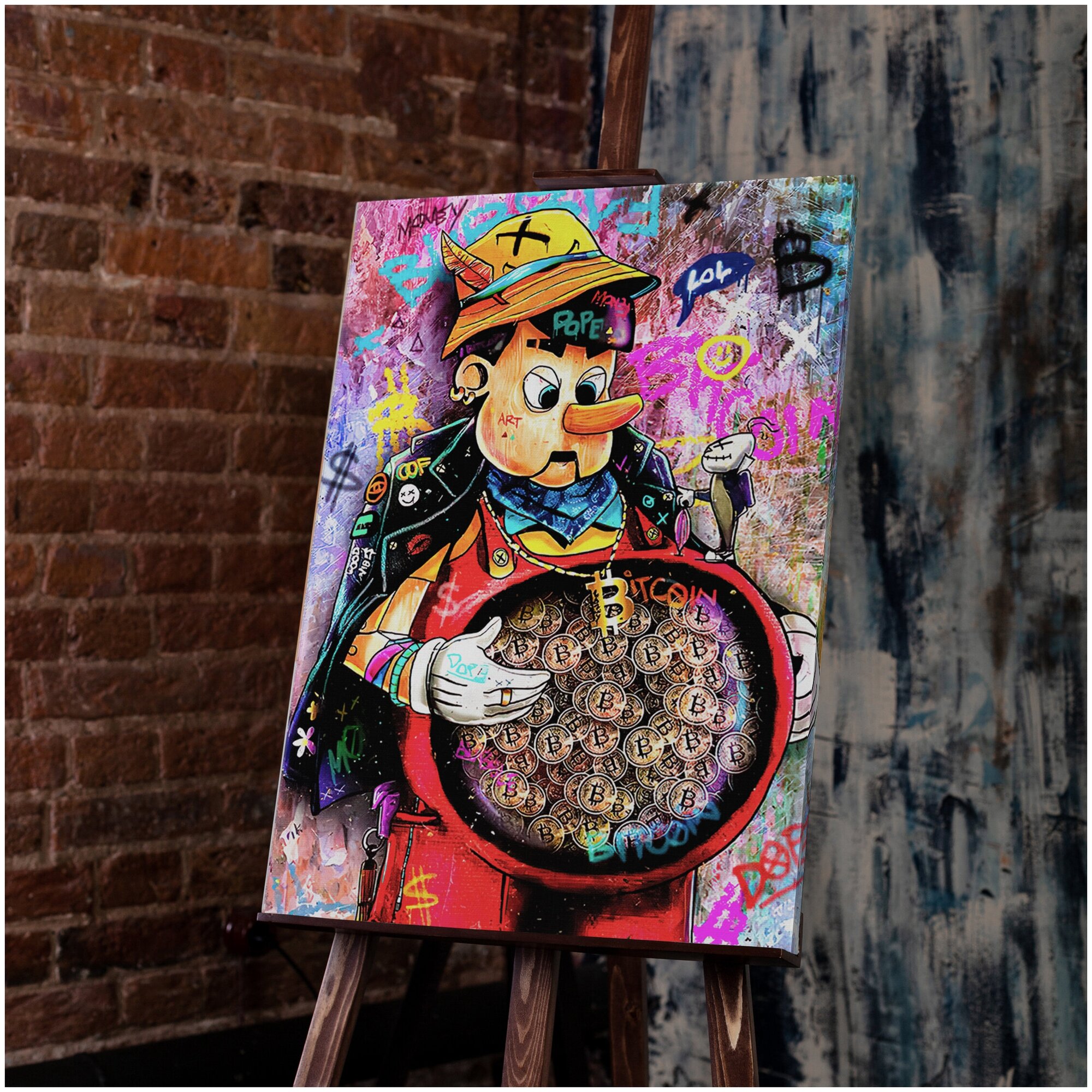 Картина на холсте Пиноккио "Биткоин" постер денежный мотивация граффити