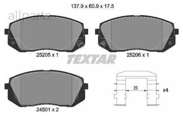 TEXTAR 2520501 Колодки передние с противошумной пластиной Q+ HYUNDAI HYUNDAI (BEIJING) KIA TEXTAR 2520501