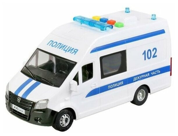 Машинка Газель Некст Полиция Технопарк пластик, свет, звук, открываются двери, инерционный, 22,5см