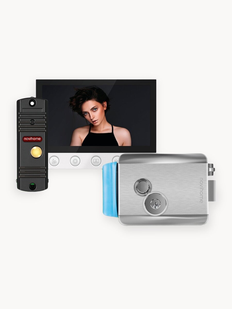 Комплект видеодомофона Novihome SIMPLE 7 KIT PLUS: монитор, вызывная панель со встроенным БУЗ, электромеханический замок