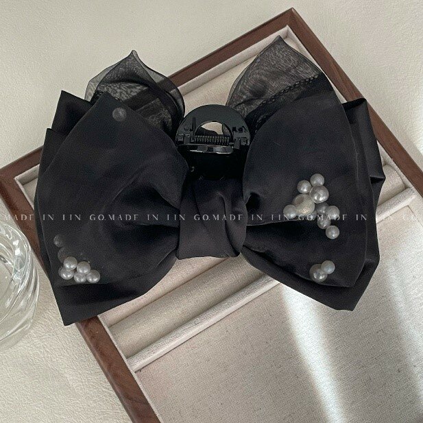 Заколка зажим краб с оригинальной тканевой бабочкой, украшенной жемчужинами аксессуар для укладки волос черный