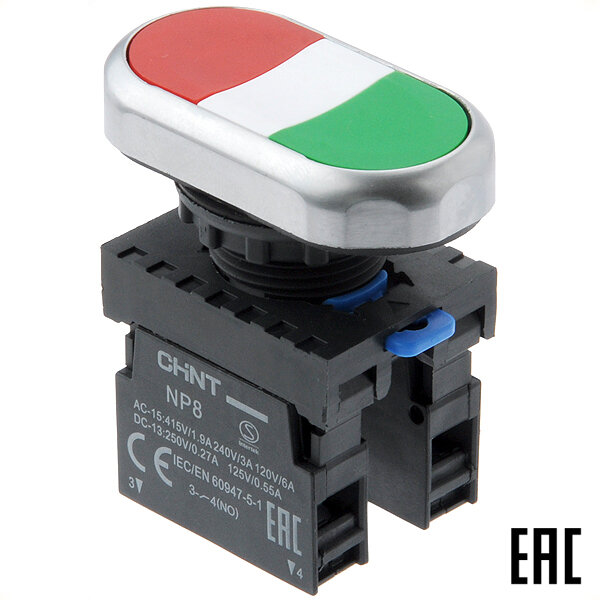 Выключатель кнопочный 577846 / 667178 NP8-11S двойной красный/зеленый 1з+1р без фиксации (CHINT)
