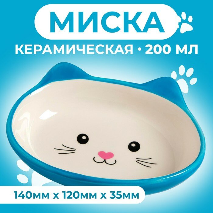 Миска керамическая овальная "Кошачья мордочка" 200 мл 14 х 12 х 3,5 см, синяя, 3933121