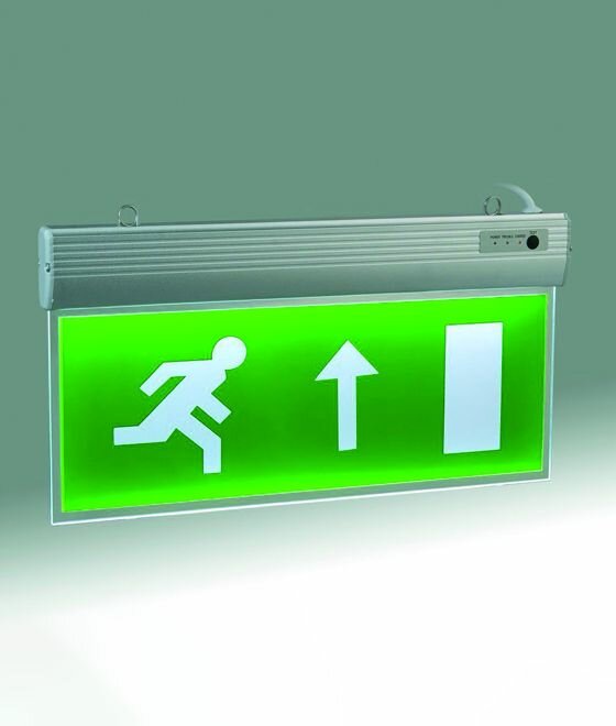 Световой указатель аварийный светильник MBD-089T Е-63 выход вверх, двухсторонний, автономный режим 120 мин, подвесной 390х200х25мм