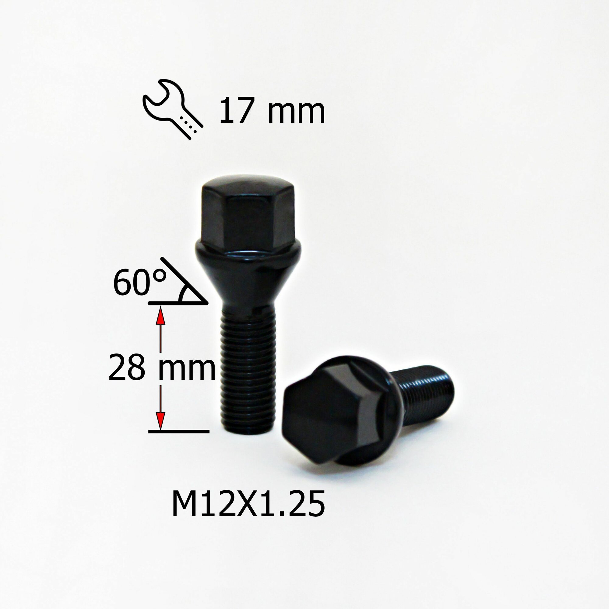 Болт колесный M12x1,25 длина резьбовой части 28мм, конус, ключ 17мм, черный