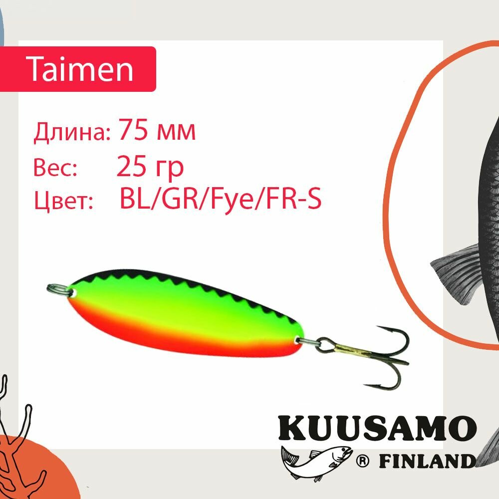 Блесна для рыбалки Kuusamo Taimen 75/25 BL/GR/Fye/FR-S (колеблющаяся)