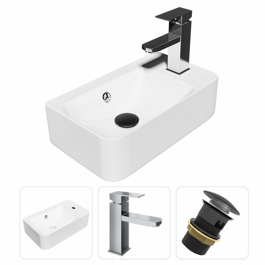 Раковина подвесная для ванной Teymi Hanna 45 правая в комплекте смеситель хром и донный клапан клик-клак с переливом черный F01655