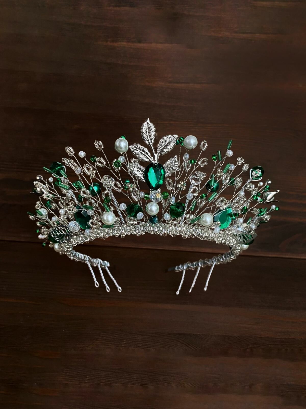 Диадема TORY STYLE, зеленый кокошник, зеленая корона, эльфийская диадема, свадебная корона, детская диадема