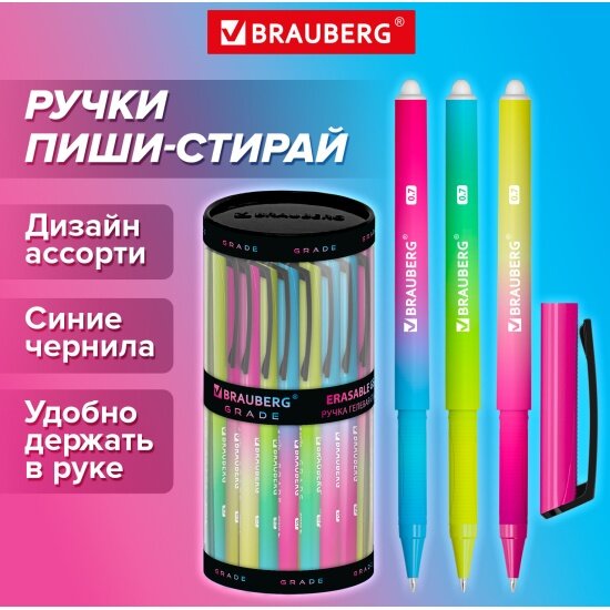 Ручка стираемая гелевая Brauberg GRADE, синяя, soft-touch, узел 0,7 мм, линия письма 0,5 мм, 144208