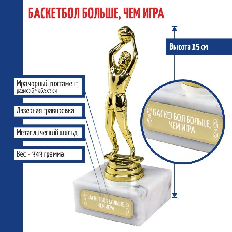 Статуэтка Баскетболист "Баскетбол больше, чем игра" на мраморном постаменте (15 см)