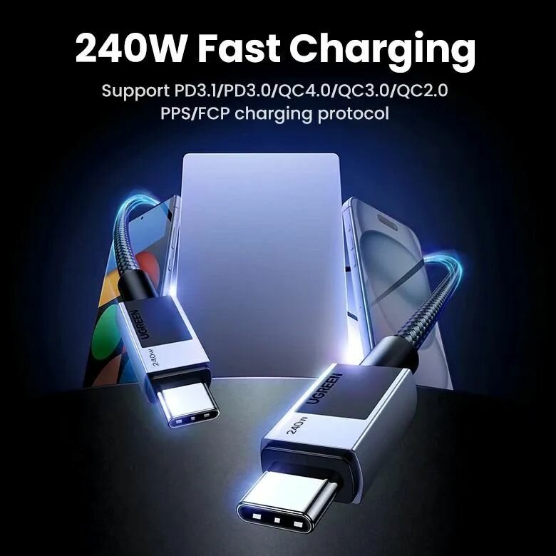 Кабель UGREEN L513 (45068) Type C 2.0 Male To Type C 2.0 Male Charging&Data Cable(240W Max). Длина: 2м. Цвет: черный