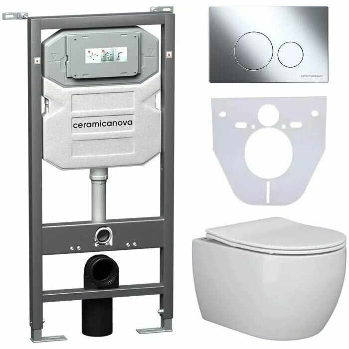 Комплект инсталляции 4 в 1 Ceramicanova Подвесной унитаз PLAY Rimless арт. CN3001 + Шумоизоляционная панель для инсталляции арт. CN1000 + Система инсталляции для унитазов CERAMICANOVA Envision с кнопкой смыва Round цвет хром и креплениями, арт. CN1001CH