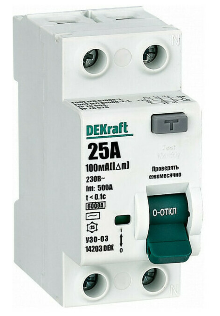 Устройство защитного отключения DEKraft / ДеКрафт УЗО-03 двухполюсный, в пластиковом корпусе, белый, 25А 10мА тип AC 6кА, IP20, 14203DEK / УЗО