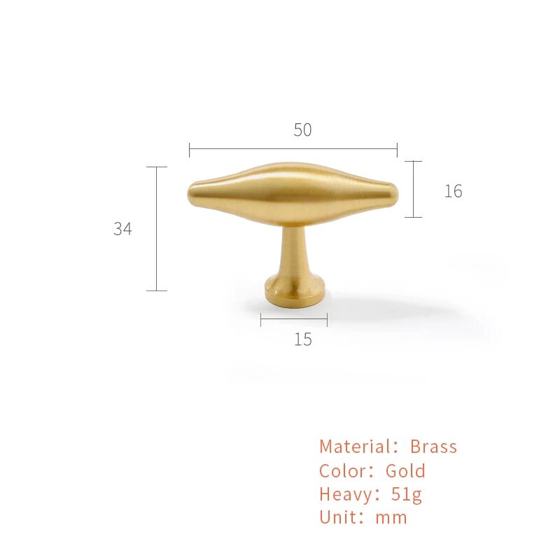 Золотая латунная ручка для шкафа T-Knob-50mm