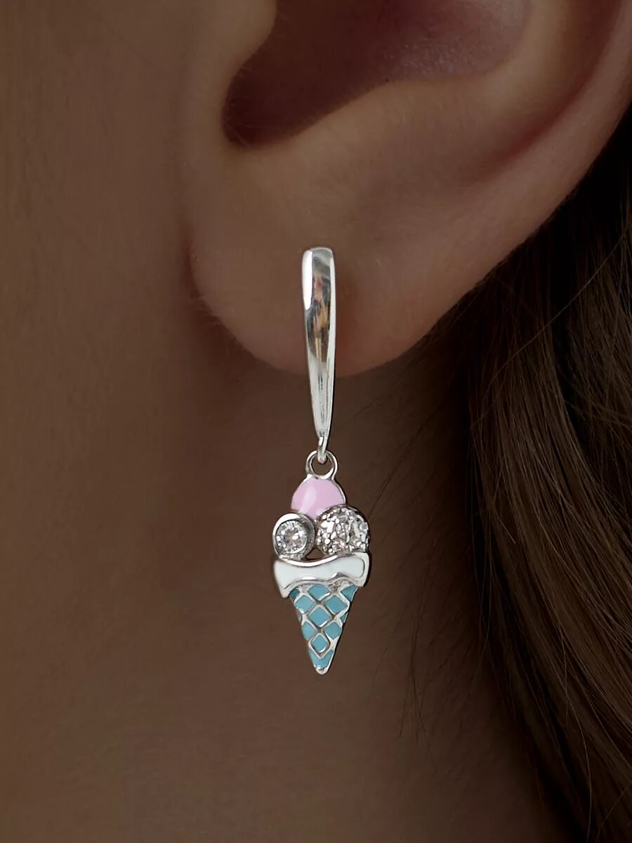 Серьги с подвесками, серебро, 925 проба, родирование, фианит, эмаль