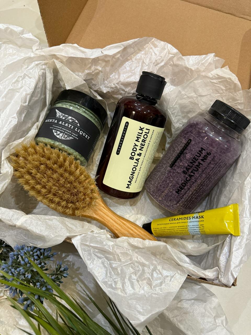 Подарочный набор "Мурашками", Laboratorium, Скраб для тела мятный соляной (150гр), щетка для сухого массажа, соль для ванны лаванда (250мл), молочко для тела (250мл), маска для лица с церамидами (30 гр), 900 гр