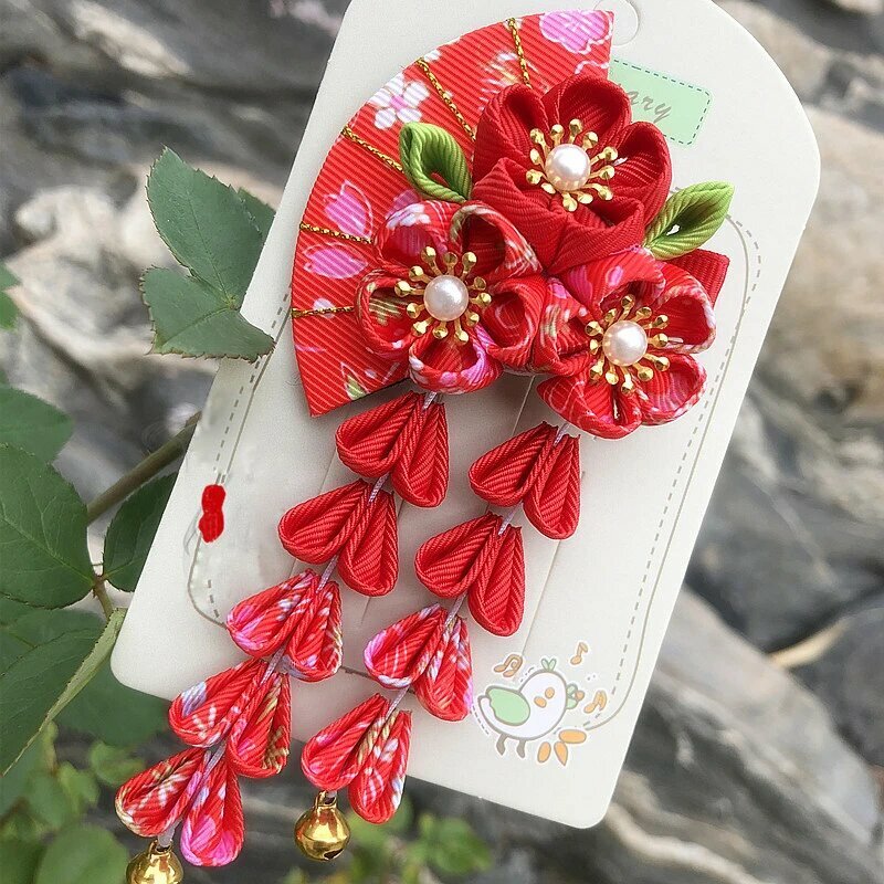 Красный канзаши для волос, кимоно, цвет: красный, металл: B red
