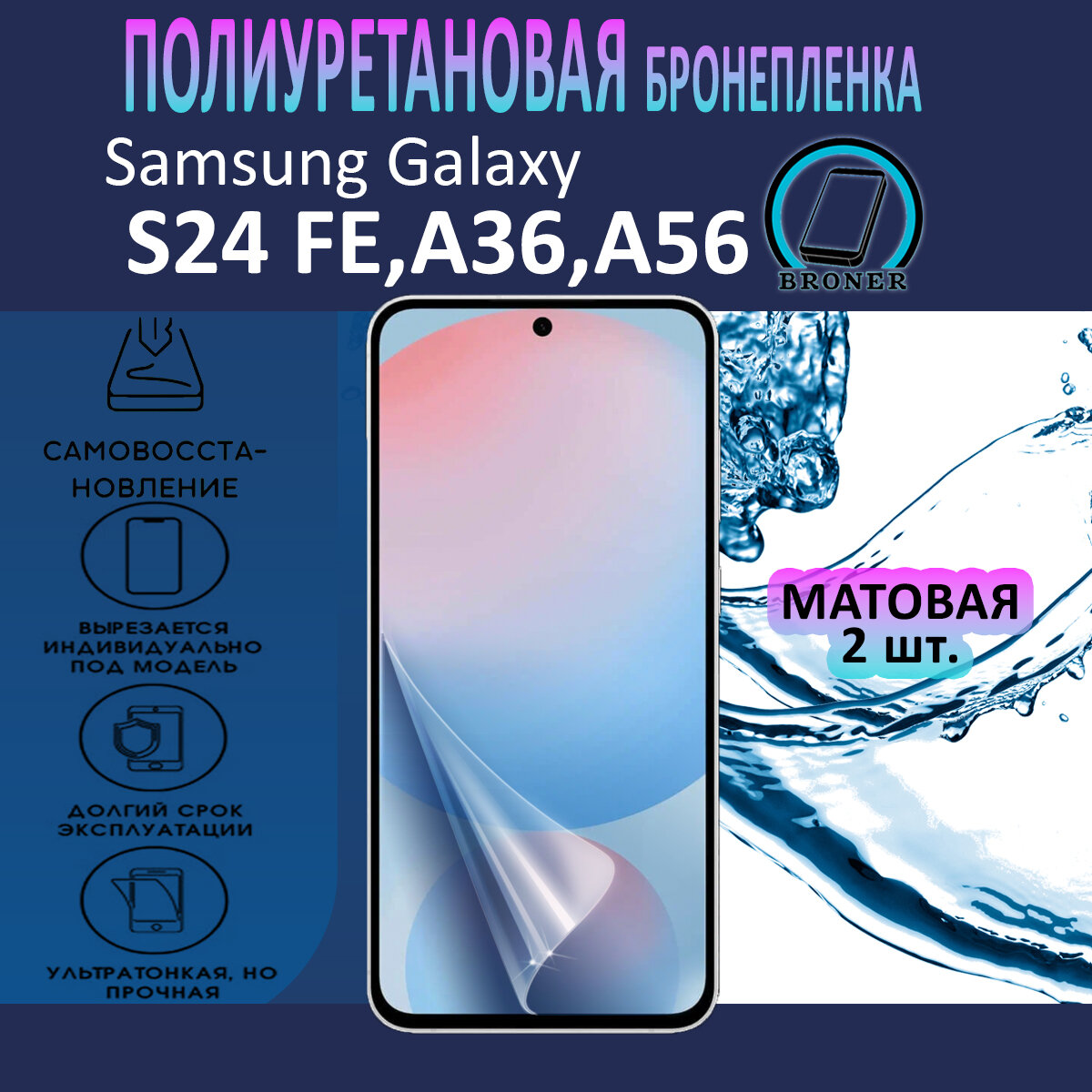 Полиуретановая бронепленка для Samsung Galaxy S24 FE, A36, A56 / 2 штуки / Защитная плёнка на экран, совместима с чехлом, с вырезом под камеру / Матовая