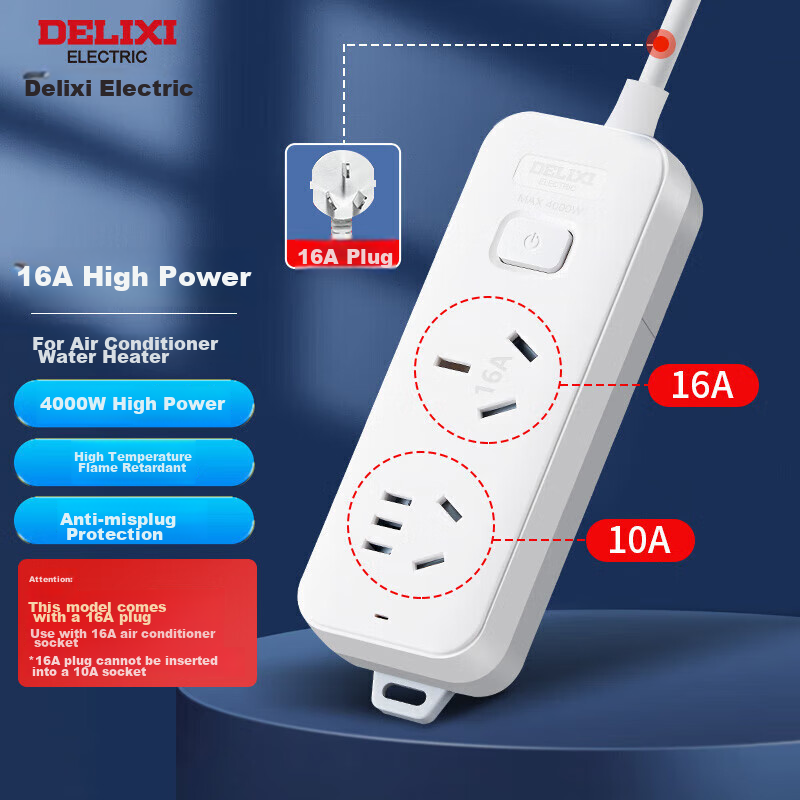 DELIXI 16A High-Power Air Conditioner Socket with Switch Power Strip/Extension Cord/Power Bar/Power Strip/Extension Cord, 2 Outlets with Master Switch, 0.8 Meters Long J-LKXS16