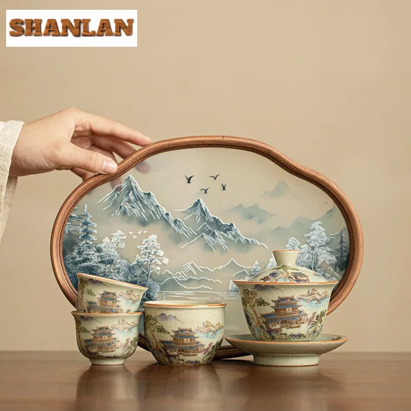 Креативный керамический набор чаш с крышкой Sancai, набор дзен, ручная роспись, пейзажный чайный сервиз, набор для чайной церемонии, чаша и чашка с тарелкой Begonia, подарок A 1 Bowl 3 Cups Set