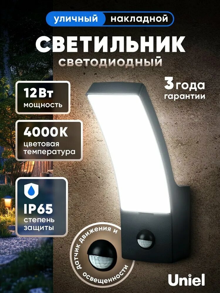 Светильник уличный настенный с датчиком движения и освещенности, 12Вт, 4000К, IP65, Uniel