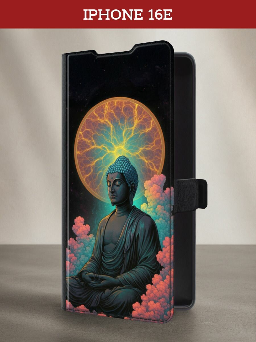 Чехол-книжка на Apple iPhone 16e/17e / Айфон 16е/17e с принтом Монах медитирует, черный