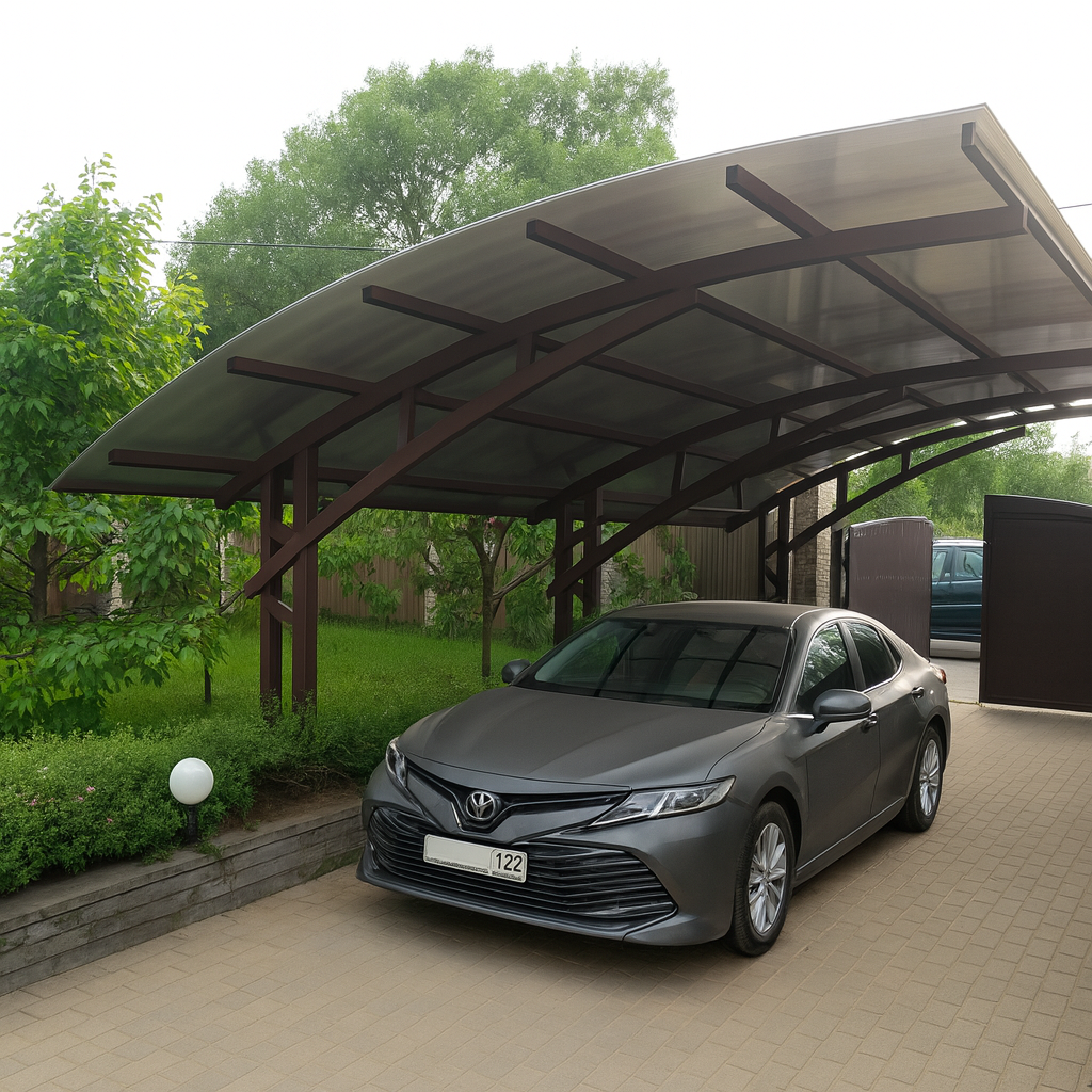 Автонавес консольный TEHNO ARМ-A, поликарбонат НЕ входит в комплект, размер 3,85x7,4 м, цвет шоколад RAL 8017