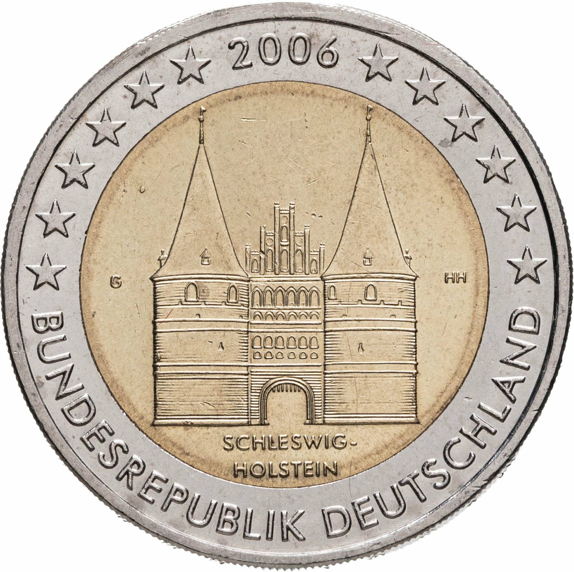 Германия 2 евро euro 2006 Федеральные земли Германии: Шлезвиг-Гольштейн - Голштинские ворота в Любеке, знак монетного двора "G" - Карлсруэ, Биметалл