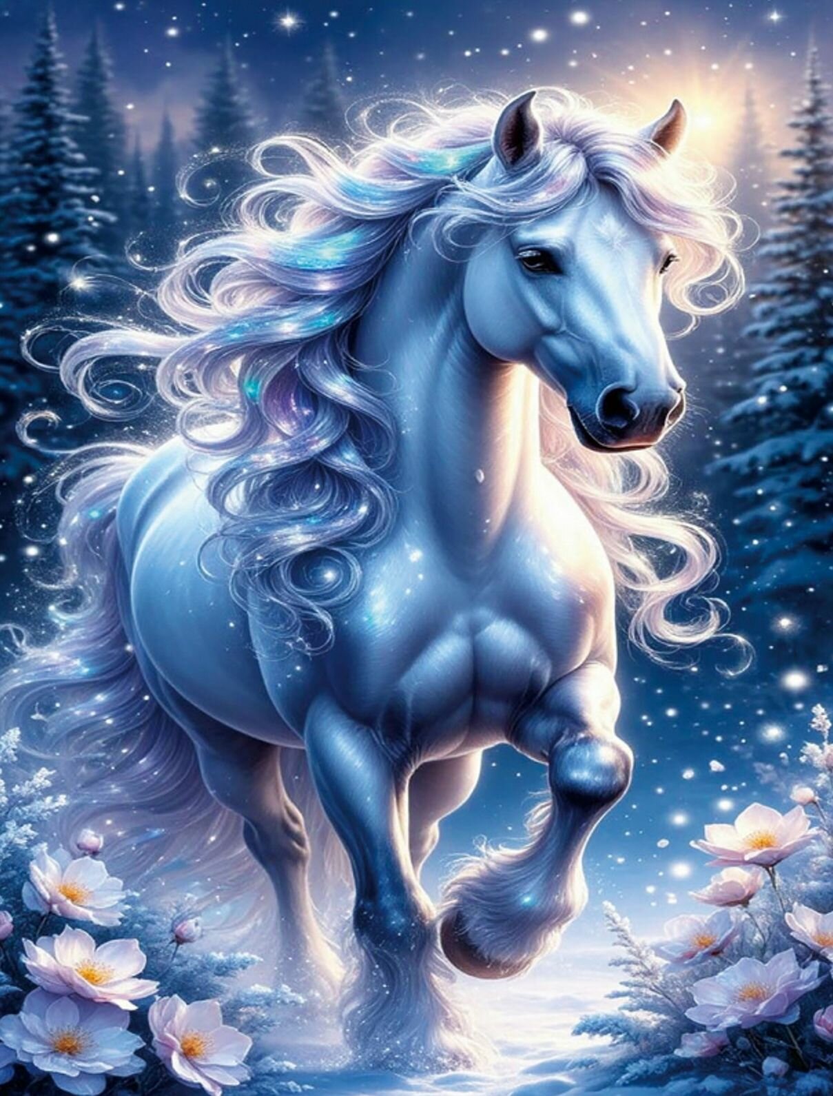 Алмазная мозаика на подрамнике 40*50 "Белая лошадь зима"